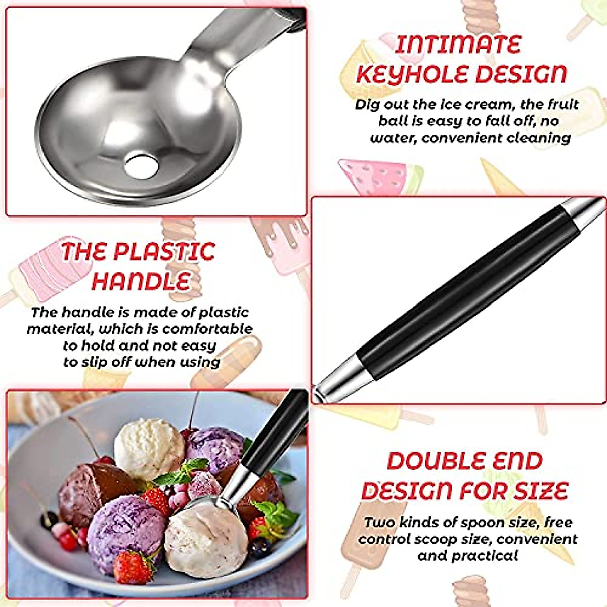 Double-Sided Fruit Melon Baller Spoon, 2 in 1 Stainless Steel Melon Ballers Melon Scoop for Watermelon Cantaloupe Ice Cream,18cm, Black/Silver