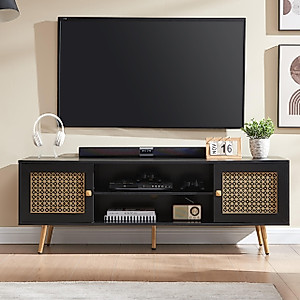 JYED DECOR Mid Century Modern TV Stand for 65 inch TV, Entertainment Center with Storage, Metal Mesh Decorated Cabinet Doors for Living Room, Black
