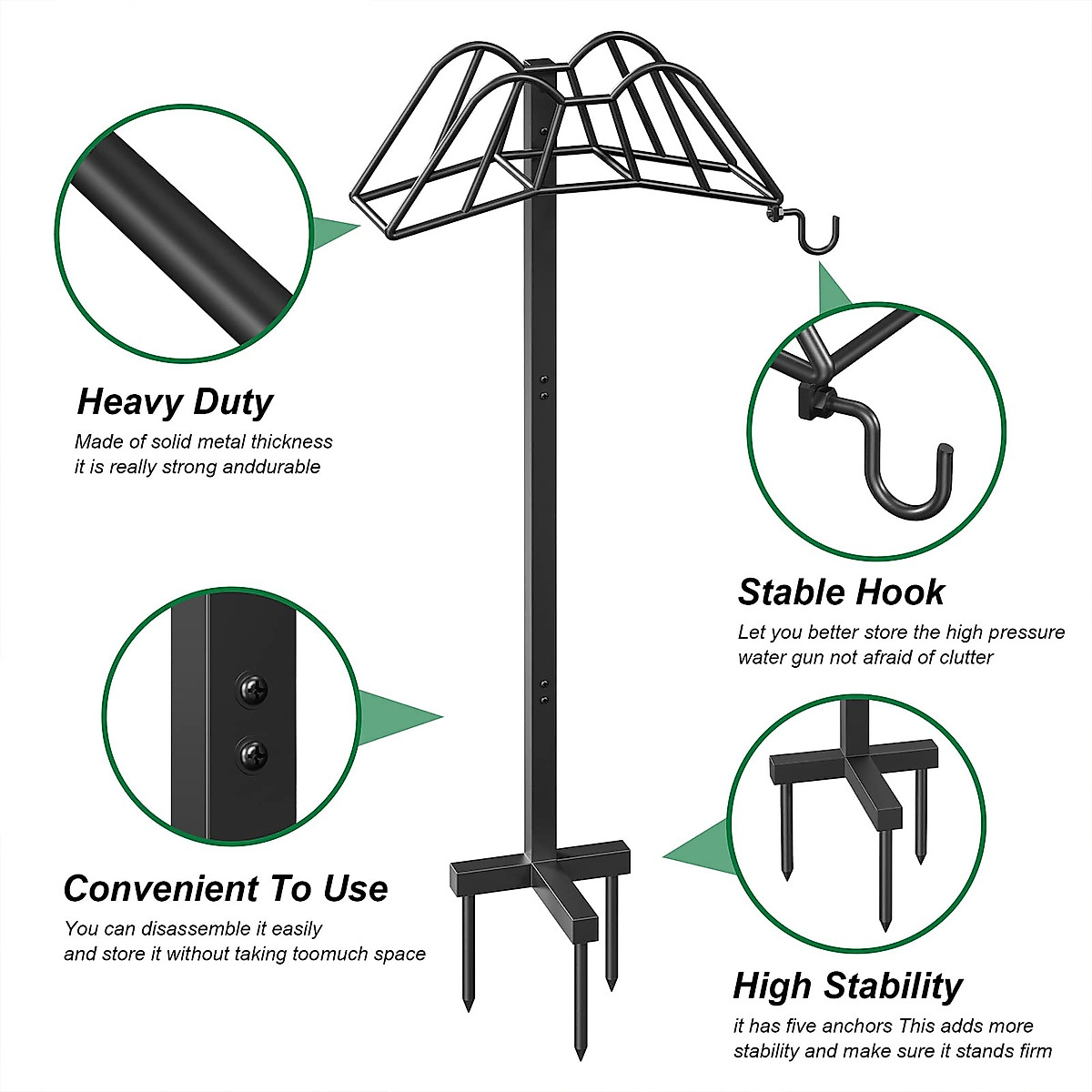 Garden Hose Holder Freestanding, Extra Thick Water Hose Stand, Heavy Duty Metal Garden Hose Storage,Garden Hose Reel, Water Hose Holders for Outside, Detachable Outdoor Hose Holder