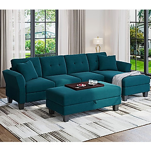 Belffin Velvet Couch Convertible L Shaped Sofa with Reversible Large Ottoman Storage Chaise Sectional Sofa Living Room Furniture Peacock Blue