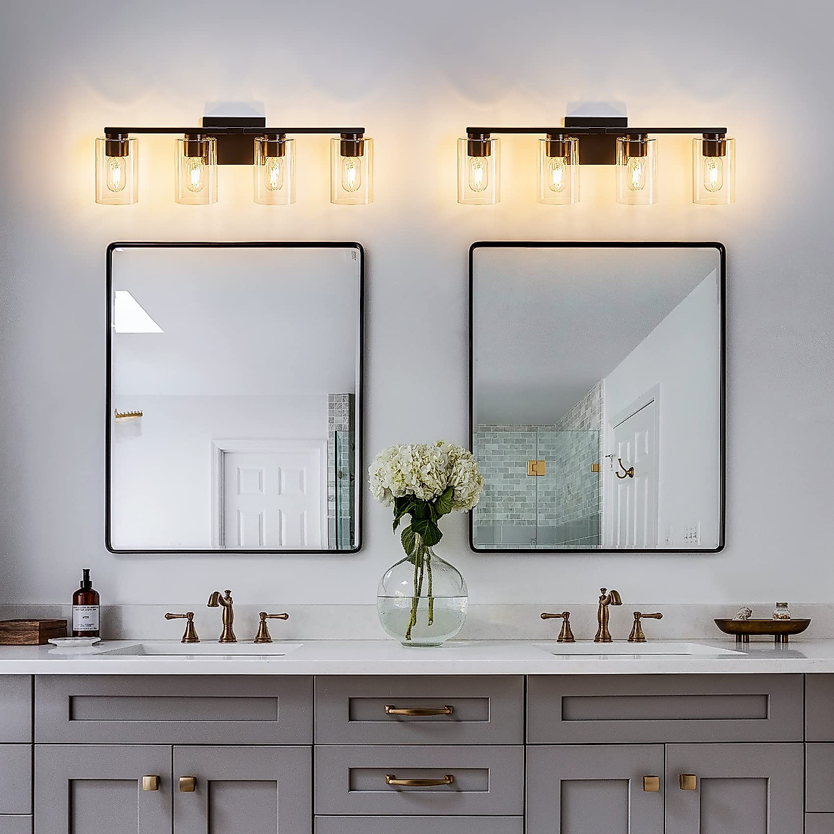 WILON 4 Light Bathroom Light Fixtures, Bathroom Vanity Light with Glass Shade, Bathroom Lights Over Mirror Wall Sconces Lighting for Bathroom Farmhouse Bathroom Light Fixtures, Matte Black Wall Light