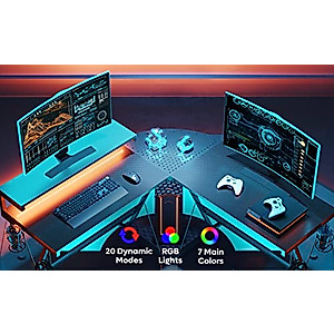 Bestier LED Gaming Desk 55" L Shaped Computer Corner Desk with 2 Cup Holders 2 Headset Hooks 36" Large Monitor Shelf Home Office Desk Bedroom Reversible 72" Long Desk for 2 Persons, Black