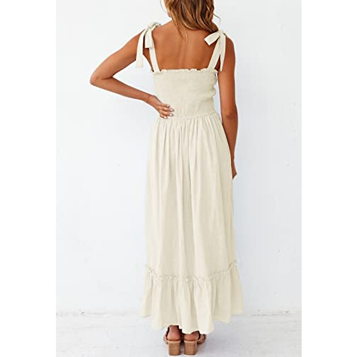 ZESICA Women's 2023 Summer Boho Spaghetti Strap Square Neck Solid Color Ruffle A Line Beach Long Maxi Dress,Apricot,Small