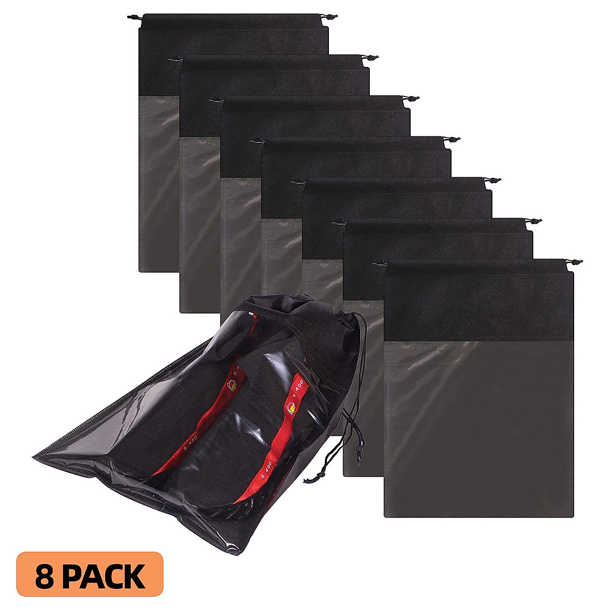 8 Pack Portable Shoe Bags for Travel Large Shoes Pouch Storage Organizer Clear Window with Drawstring for Men and Women Black