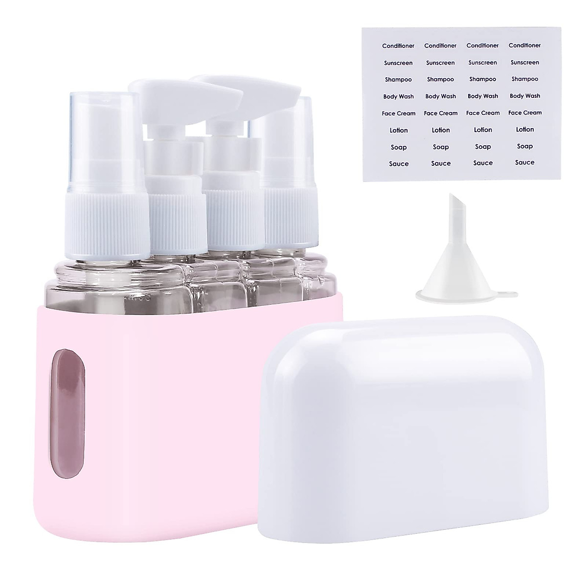 MAGORUI Travel Bottles Set for Toiletries, TSA Approved 4 in 1 Leak Proof Travel Container, Refillable Travel Accessories with Waterproof Label for Business, Personal Travel, Fun Outdoors, Pink
