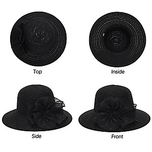 Women Organza Church Hat - Wide Brim Sun Hat Wedding Bridal Flower Church Hat Fascinator Hat (US, Alpha, Medium, Black)