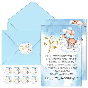 BYBOUS 50 Pack Baby Shower Thank You Cards with Envelopes Stickers - Cute Bear Baby Shower Cards - Baby Girl/Baby Boy Shower Thank You Notes Birthday Supplies, 4 x 6 Inch (Blue)
