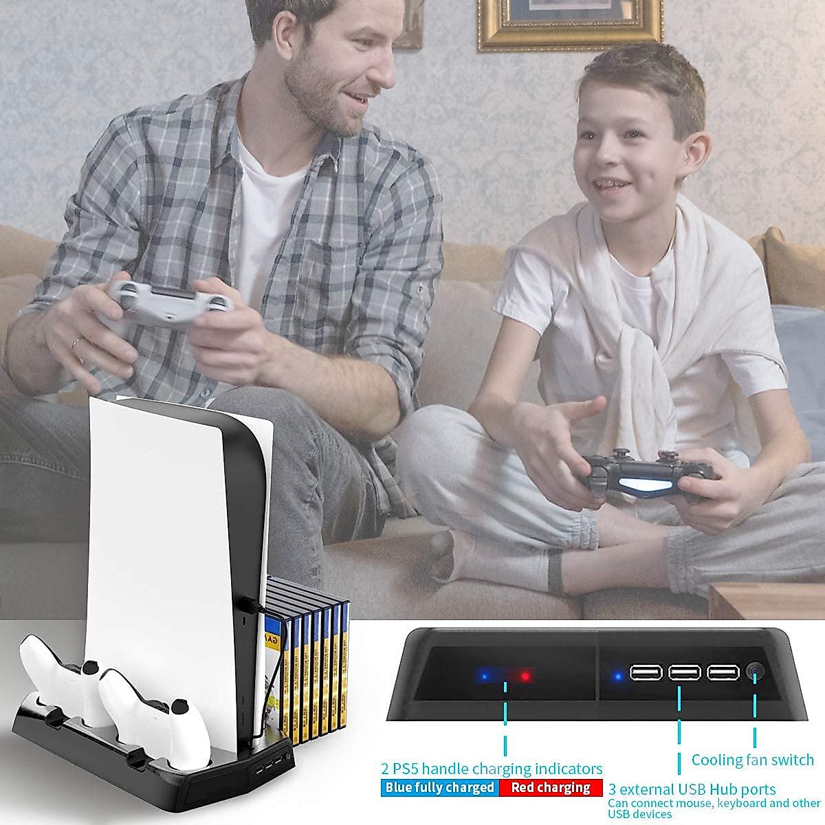 OSTENT Multi-Function Vertical Stand, Charging Station Dock, Cooling Fan, Retractable Game Storage Bracket for Sony PS5 Disc/Digital Edition Console DualSense Controller