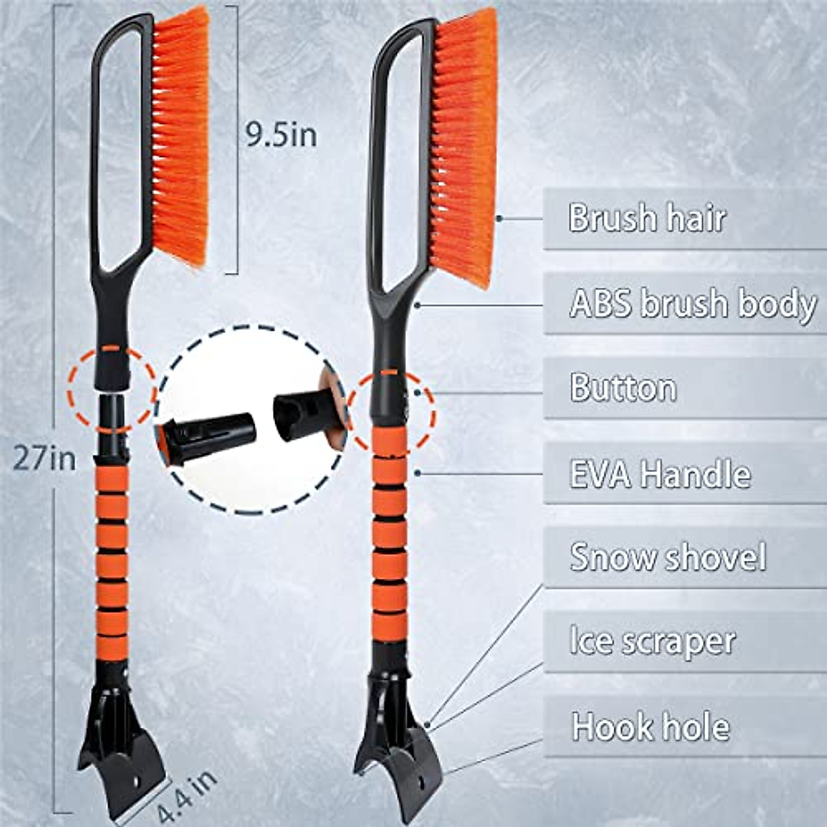 BHYTAKI Snow Brush and Detachable Ice Scraper, 27" Snow Removal Tool Car Brush with Ergonomic Comfortable Foam Grip for Christmas Car Truck SUV- No Scratch (Heavy Duty ABS, PVC Brush)