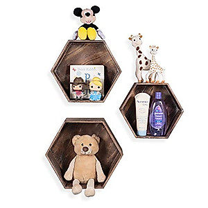 Rustic State Brooks Wall Mount Hexagon Honeycomb Box Geometric Floating Shelf Display Hanging Bookshelf Decorative Picture Ledge with Wood Back - Distressed Walnut - Multi Sizes - Set of 3