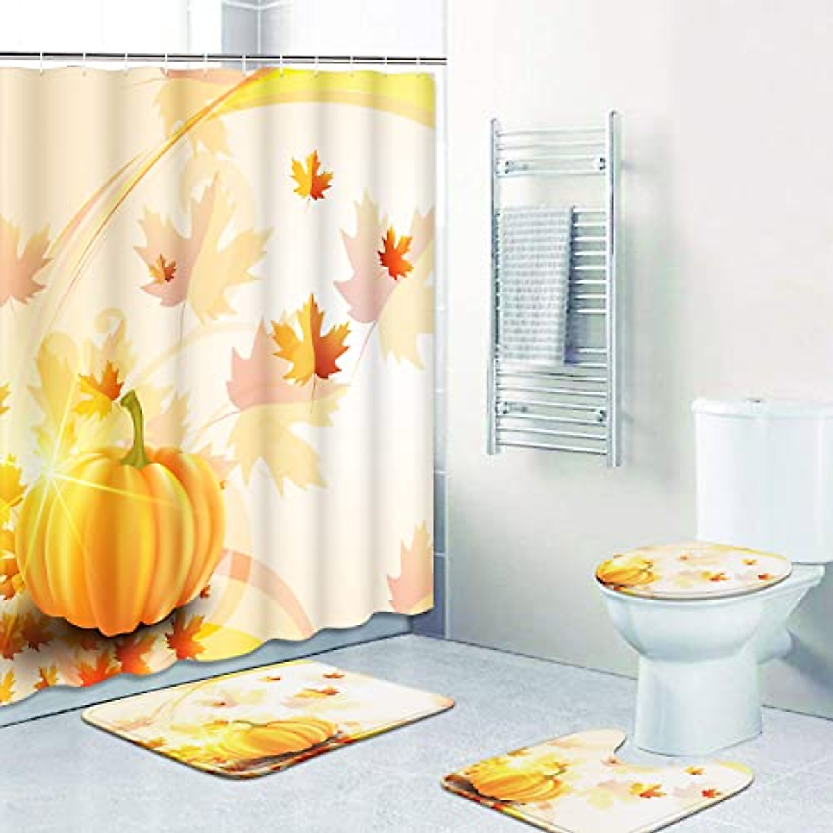 Pumpkin Bathroom Sets with Shower Curtain and Rugs and Accessories,Pumpkin Halloween Shower Curtain Sets,Autumn Leaf Shower Curtains for The Bathroom,Fall Bathroom Decor 4 Pcs