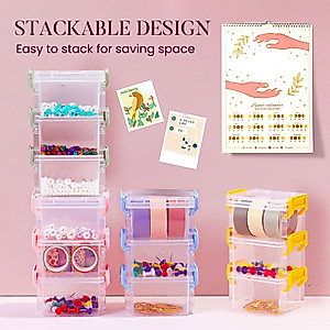 ISKYBOB 6 Packs Small Storage Bins with Lids, Mini Stackable Plastic Storage Containers Colorful Bead Organizer Latch Box Small Containers for Organizing Craft, Small Items, Green+Pink
