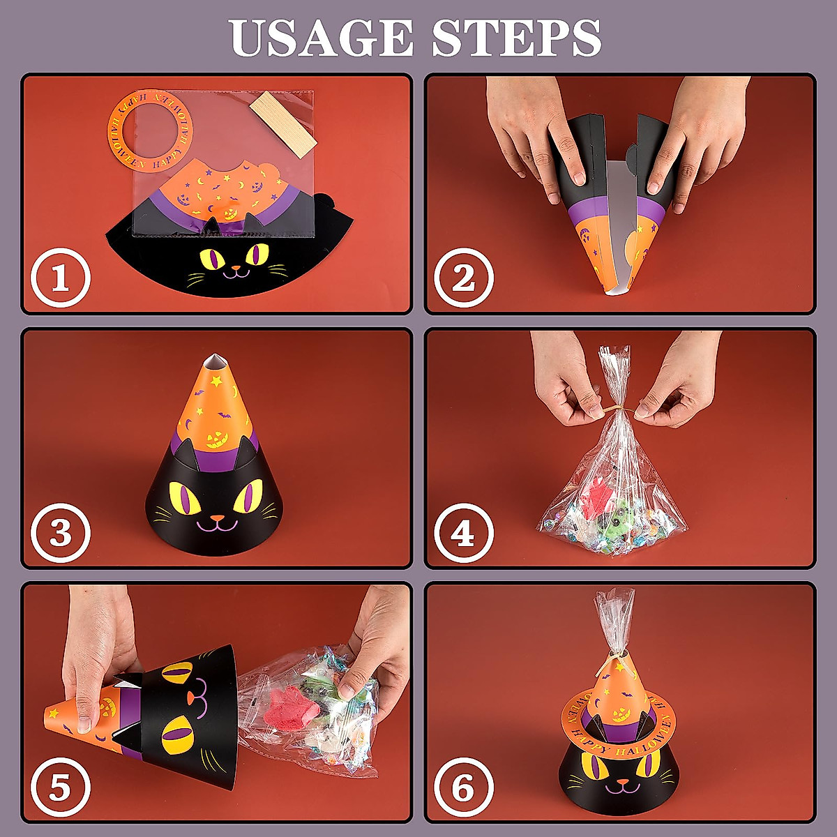 PARBEE Halloween Treat Boxes 20 Set Black Cat Candy Box with Cellophane Cookie Bags & Twist Ties, Trick or Treat Goodie Bags Halloween Party Tabeltop Centerpiece