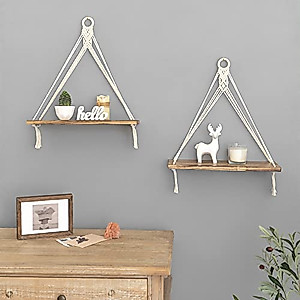 Mkono Macrame Hanging Shelves Boho Wall Decor Set of 2 Rustic Wood Floating Storage Shelf for Bedroom Bathroom Living Room Nursery Dorm Room, Display Shelving for Hanging Plants Photos