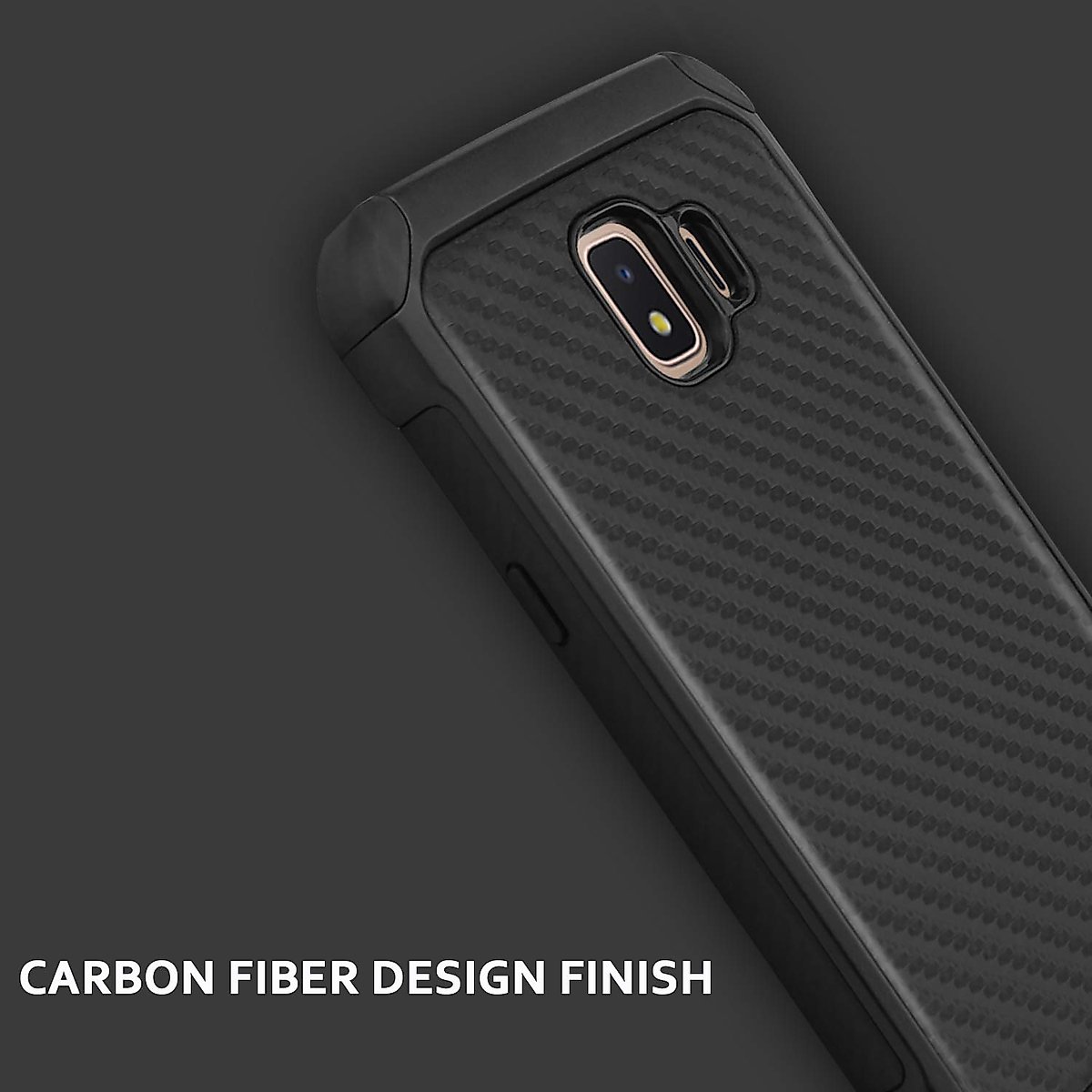 TJS Phone Case Compatible with Samsung Galaxy J2 Core/J2 2019/J2 Pure/J2 Dash/J2 Shine, Hybrid Shock Absorbing Carbon Fiber Back Hard TPU Inner Layer (Black)