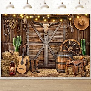 Humkat Western Cowboy Backdrop Banner, 7X5FT Wild West Rustic Wooden Barn House Photography Background for Western Party Decoration, Rodeo Backdrop for Kid Birthday Party, Reusable and Washable
