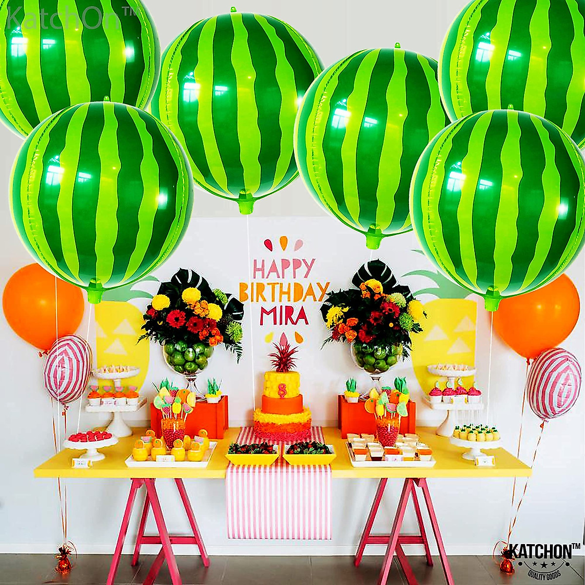 KatchOn, Big 22 Inch Watermelon Balloons - Pack of 6 | One In A Melon Party Decorations | 4D Round Watermelon Balloon, Watermelon Decorations | Watermelon Mylar Balloon, Watermelon Party Supplies