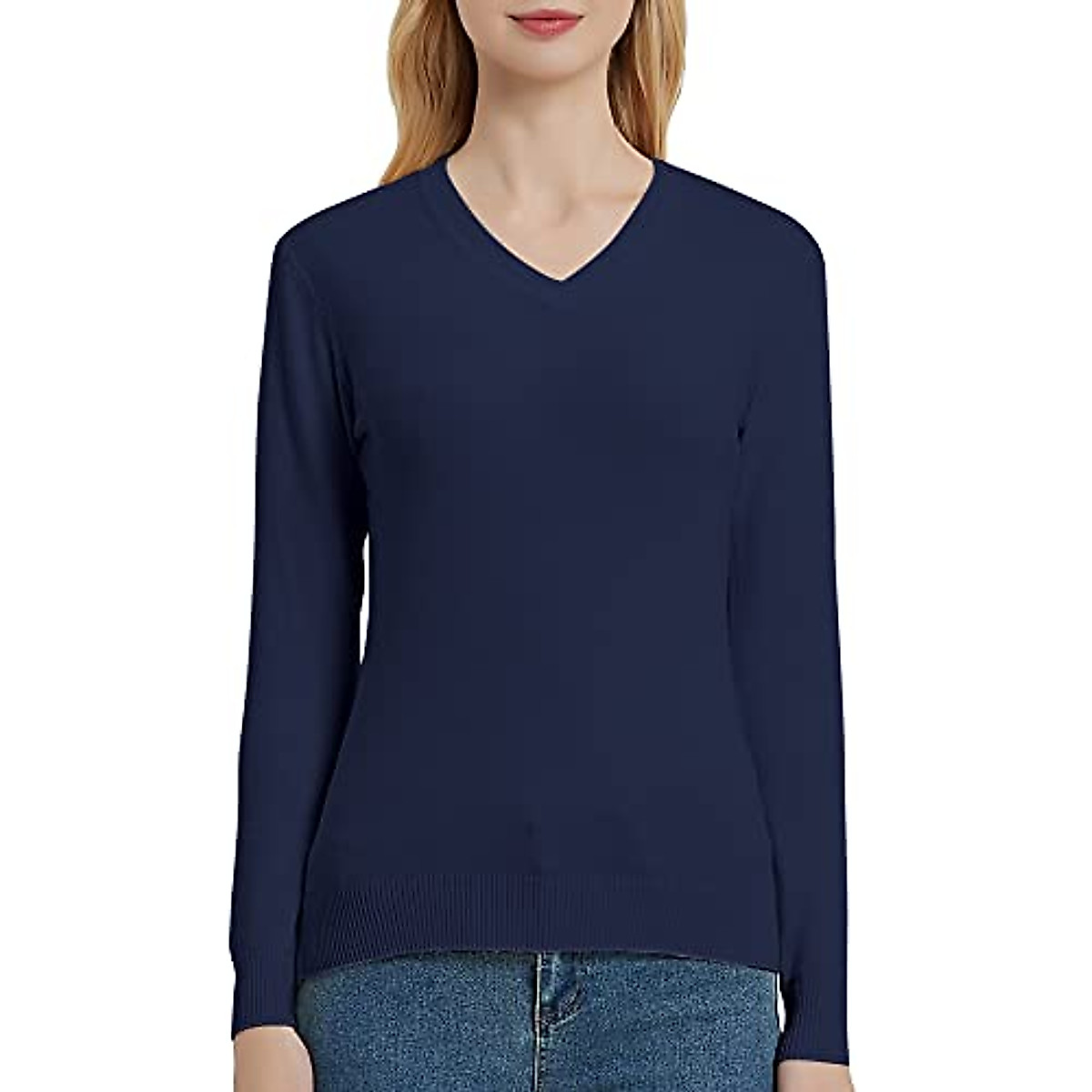 Urban CoCo Women's V Neck Long Sleeve Solid Classic Knit Pullover Sweater Tops (Navy Blue, L)