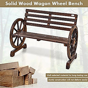 HAPPYGRILL Patio Garden Bench 2-Person Seat Rustic Wooden Wheel Bench with High Back & Wide Seat, Suitable for Patio Porch Garden