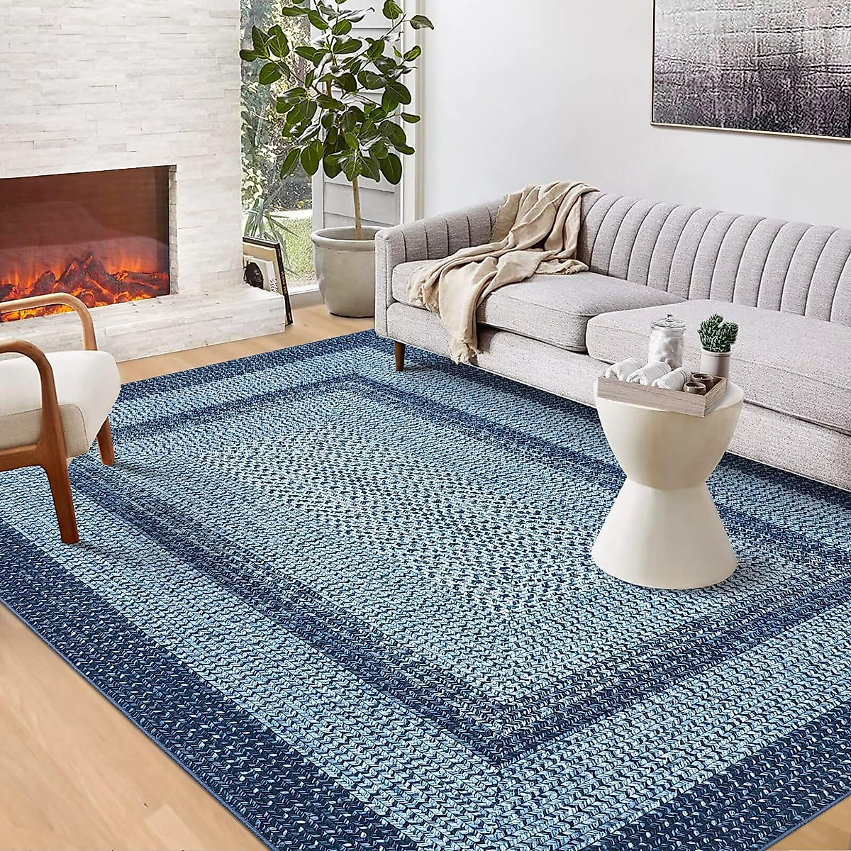 GAOMON Braided Rug 6x9 Washable Rug Braided Print Accent Rug Vintage Living Room Rug Low Pile Non Slip Indoor Carpet Non-Shedding Aesthetic Foldable Rug for Bedroom Farmhouse Office Nursery Blue