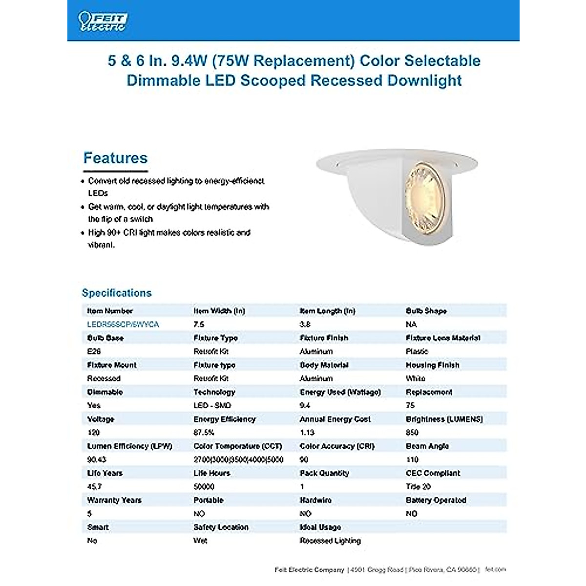 Feit Electric 5-6 inch Adjustable Scoop Recessed LED Downlight, Selectable Colors, Dimmable, 75W Equivalent, 45 Year Life, 540 Lumen, High CRI, LEDR56SCP/6WYCA