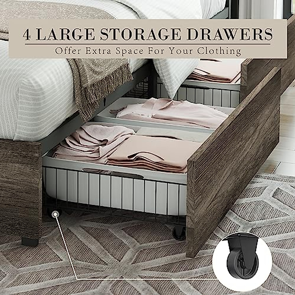 AMERLIFE Queen Size Storage Bed Frame, Wooden Platform Bed with Charging Station, 4 Drawers & Headboard/No Box Spring Needed/Noise-Free/Rustic Grey