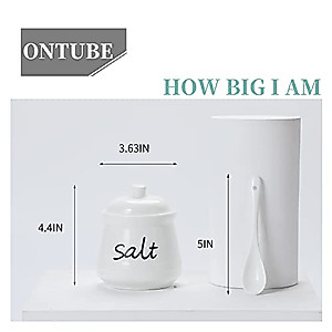 ONTUBE 12oz Sugar and Salt Bowls with Lid and Spoon, Ceramics Condiment Pots,Seasoning Jar Spice Container for Kitchen,Dishwasher Safe (White)