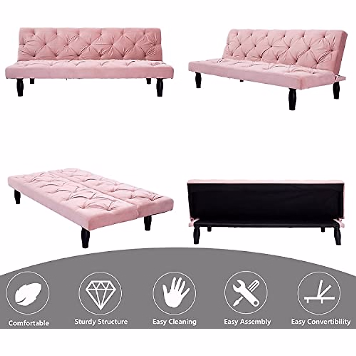 66"Modern Velvet Futon Sofa Bed,Convertible Folding Sleeper Sofa with 3 Angles Adjustable Back,Wood Legs,Small Couch Bed Recliner for Small Space,Living Room Bedroom Apartment Dorms Office (Pink)