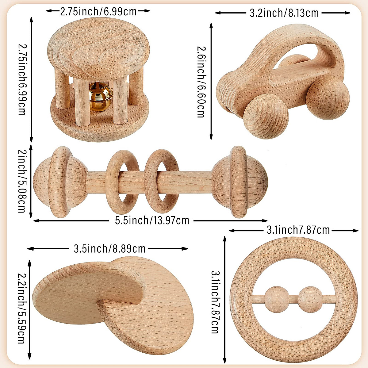 5 Pieces Wooden Baby Toys Wooden Toys for Babies 0-6-12 Months Wood Toys Rattles with Bells Montessori Wood Baby Push Car Wooden Newborn Toy for Infant Boys and Girls Gifts