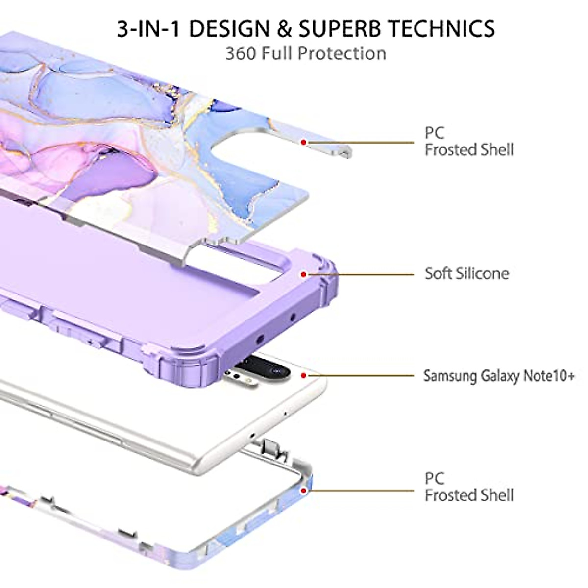 Hekodonk Galaxy Note 10 Plus Case - Heavy Duty Shockproof Protection, Hard Plastic & Silicone Rubber Hybrid, Purple Marble