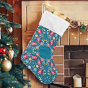 Kigai Christmas Stockings Navy Blue Flowers Large Candy Stockings Stuffers Kids Cute Xmas Sock Decorations 1PC for Home Holiday Party 12" x18"