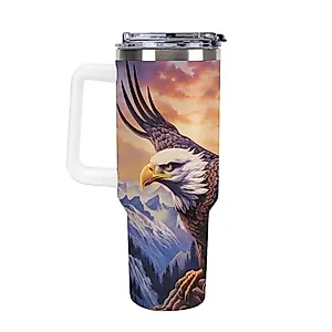 Bald Ea-gle 40 Oz Stainless Steel Cup Travel Tumbler with Handle and Straw Lightweight Coffee Mug for Home Office