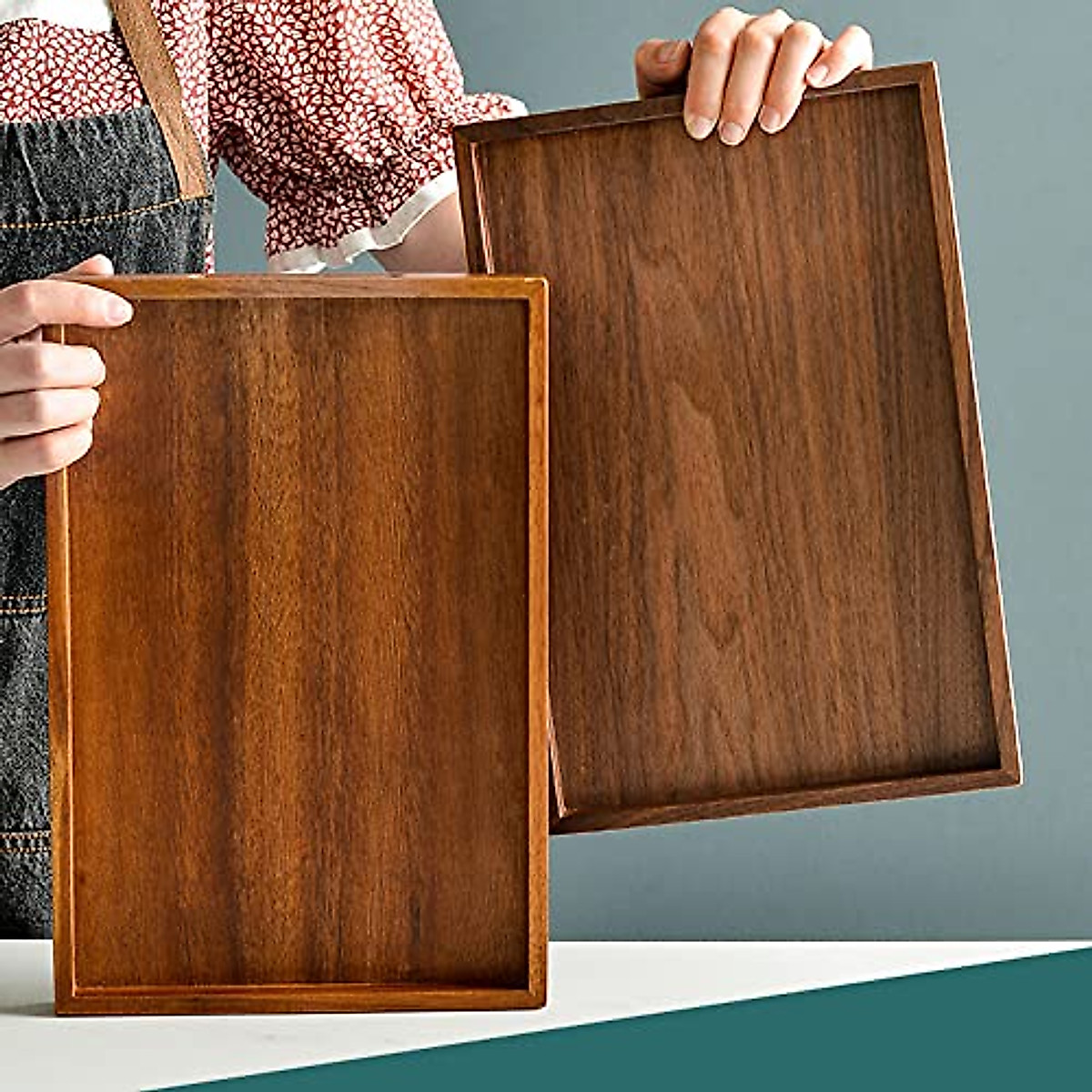 Hiermi Wooden Rectangular Serving Tray, 2 Piece Set of Acacia Wood Plate, Tea/Drink Platter, Dinner Serving Tray, Size_12" x 8" x 1”, 9"x 6.2" x 1”