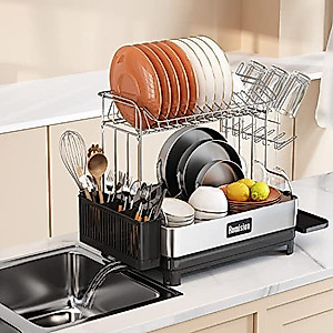 romision Dish Rack and Drainboard Set, 304 Stainless Steel 2 Tier Large Dish Drying Rack with Swivel Spout, Dish Strainer for Kitchen Counter with Utensil Holder, Cup Rack, Water Tray