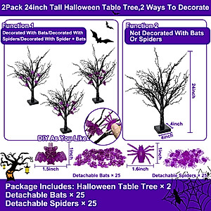 [ 2 Pack & Timer ] 24 Inch Prelit Halloween Black Tree Halloween Decorations Artificial Spooky Tree Battery Powered Total 48 LED Purple Lights DIY 25 Spider & 25 Bat Tabletop Indoor Home Party Decor
