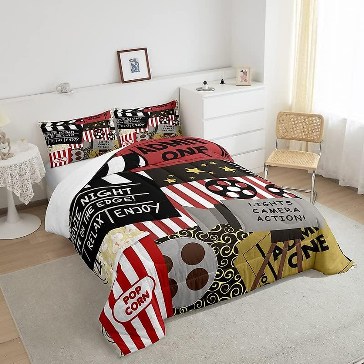 Popcorn Print Comforter Movie Theater Comforter Set Cinema Poster Design Bedding Set for Kids Boys Girls Rustic Wooden Duvet Set Full Size with 2 Pillow Case Boys