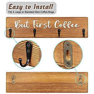Bivvclaz Coffee Mug Holder Wall Mount, Wooden Coffee Cup Holder, But First Coffee Rustic Wood Wall Sign Decoration, Mug Hanger Organizer Shelf Rack, Farmhouse Kitchen Decor and Coffee Bar Accessories