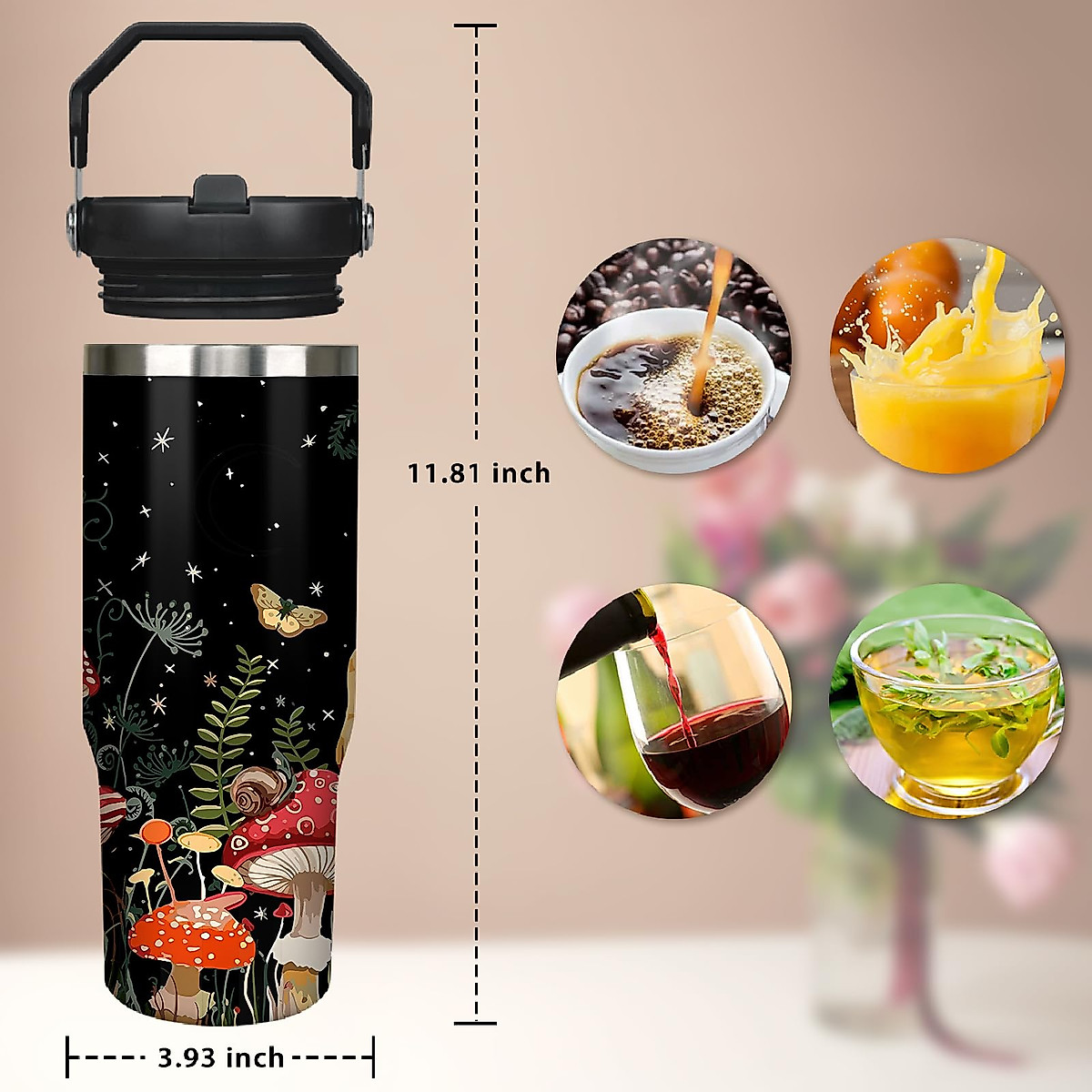 thmasamwr Mushroom Tumbler with Lid and Straw, Stainless Steel Mushroom 30oz Tumbler with Handle, Black Mushroom Travel Coffee Mug Mushroom Gifts Cups for Women and Men