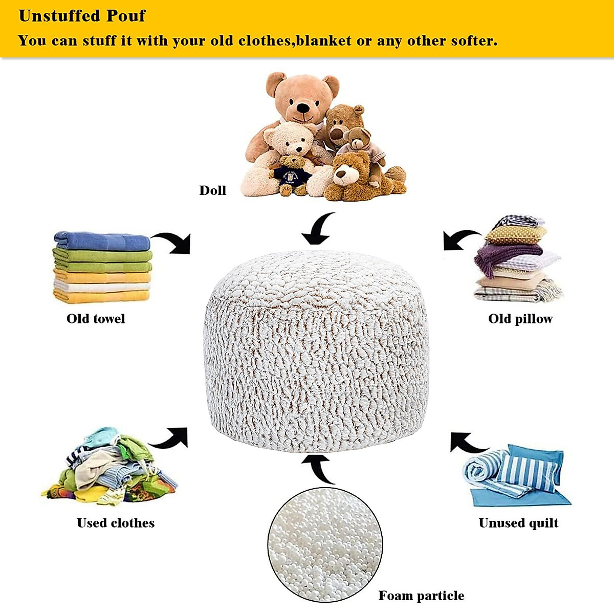 Asuprui Pouf Ottoman Unstuffed Pouf Ottoman Foot Rest No Filler Soft Fur Foot Stool 20x20x12 Inches Fuzzy Chair Floor Pouf Chair Foot Rest with Storage for Living Room Bedroom Snow Coffee Pouf Cover