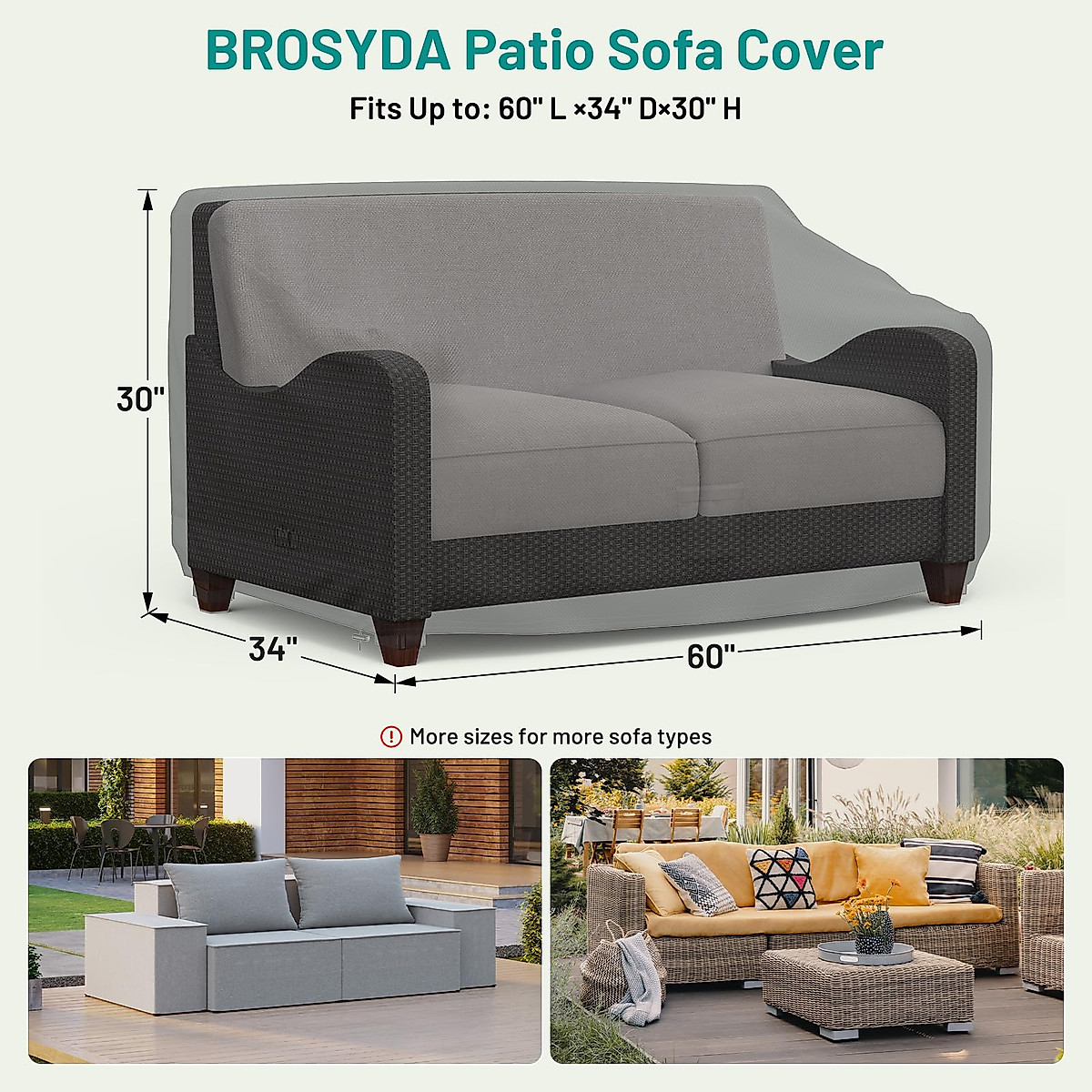 Brosyda Patio Sofa Cover For Outdoor Furniture Covers Waterproof, Heavy Duty Patio Furniture Covers with Upgrade Fastener Windproof Buckle Straps, 3-seater Outdoor Couch Cover-60"L × 34"D × 30"H