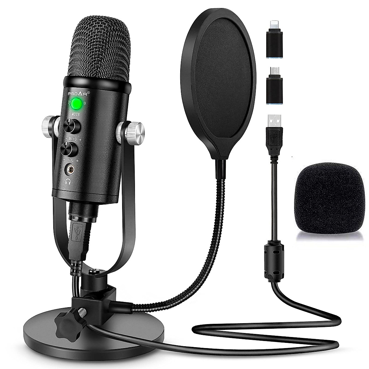 PROAR Microphone for Podcast, USB Microphone Kit for Phone, PC/Micro/Mac/Android,Professional Plug&Play Studio Microphone with Stand for Gaming, Online Chatting, Videos, Voice Overs, Streaming