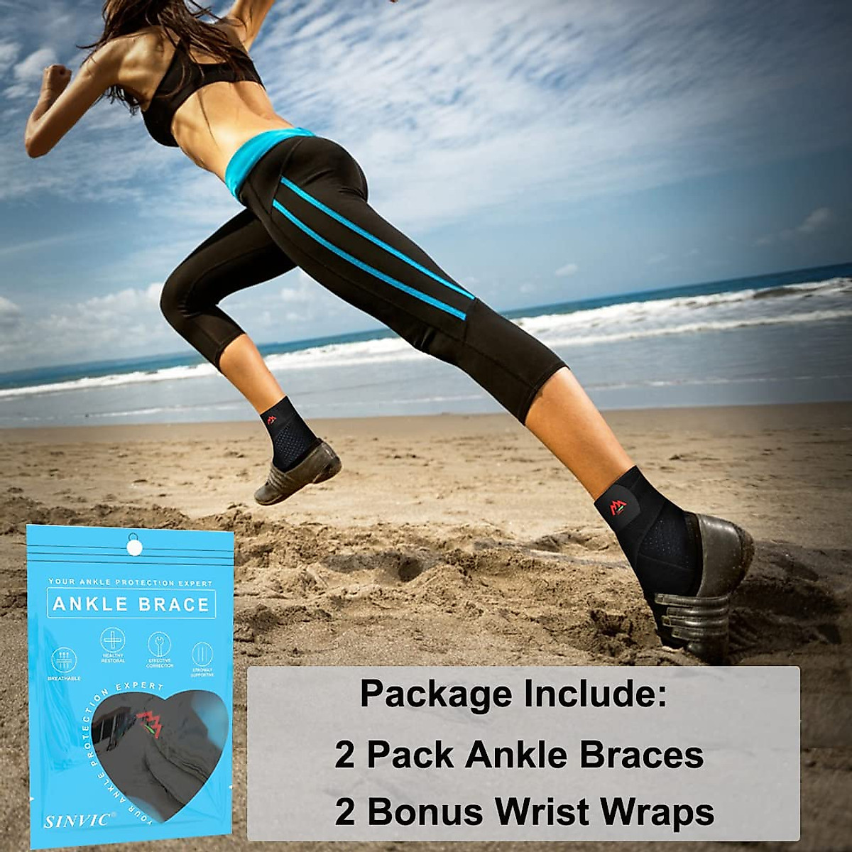 Sinvic Ankle Brace, 2PCS Ankle Braces for Men & Women, Adjustable Compression Ankle Wrap Support for Ankle Protection, Breathable & Comfortable, Ankle Support Brace for Sprains