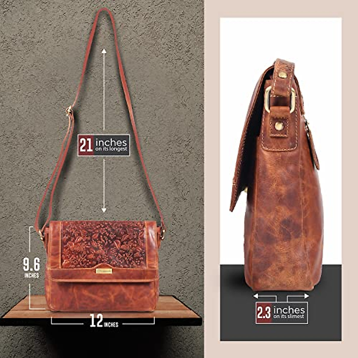 LEVOGUE Crossbody bag in Genuine Leather with flower embossing-Elegant and Classic design