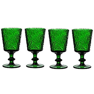 Jomop Handmade Pressed Colored Stemmed Wine Glasses Set Green Set of 4 Retro (4, Wine Goblet)