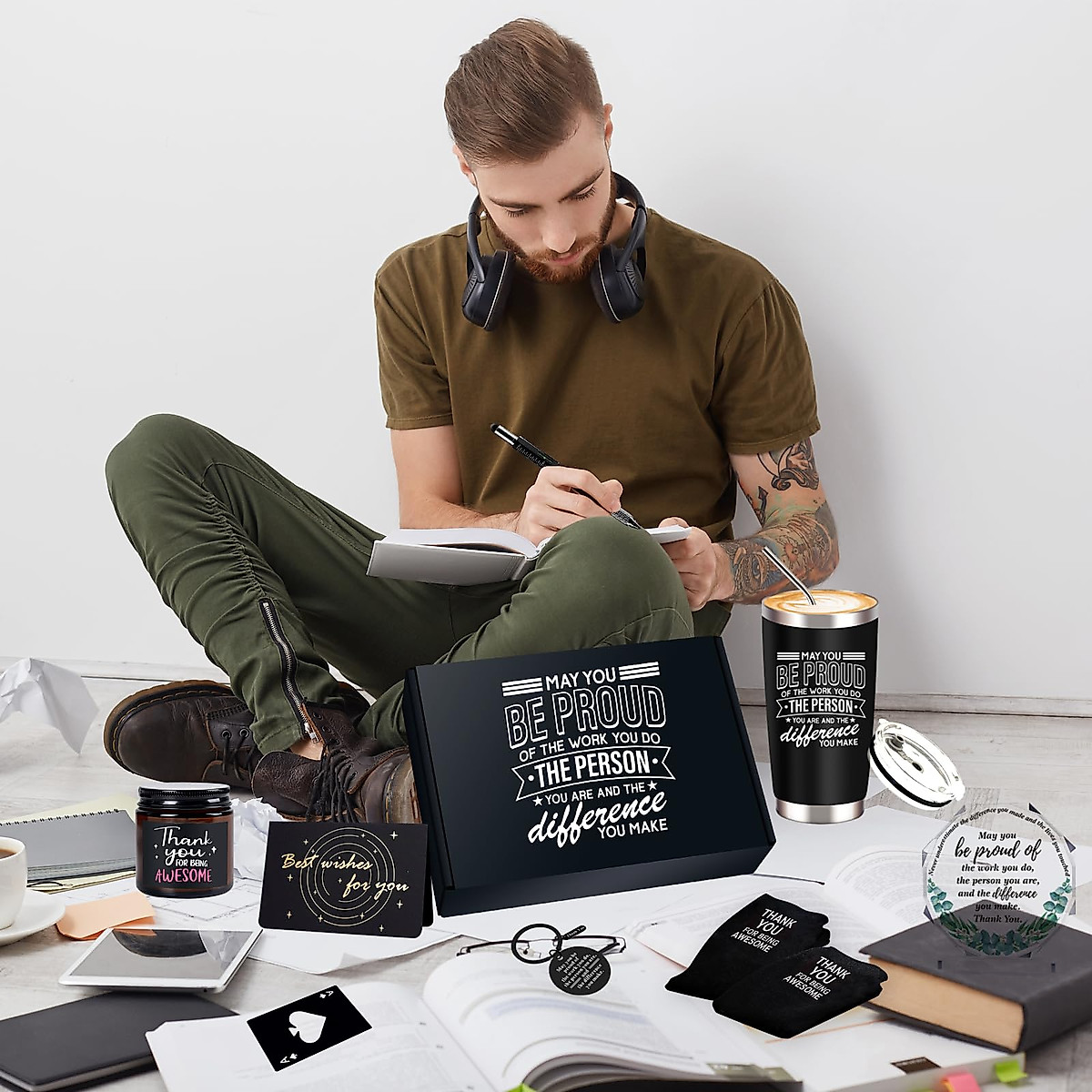 SIXVALA Employee Appreciation Gifts Set, Best Coworker Gifts for Men, 20 Oz Tumbler Thank You Gifts Basket with Scented Candle Socks Keychain Inspirational Acrylic Sign for Employee Teacher Professor