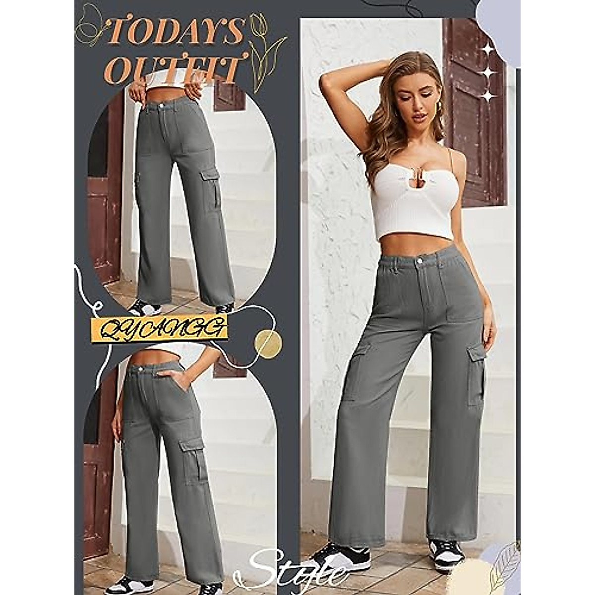 QYANGG High Waist Cargo Pants Women Stretch Baggy Cargo Pants Women Multiple Pockets Relaxed Fit Straight Wide Leg Y2K Pants Grey