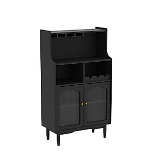 Loscear Wine Liquor Cabinet Bar for Home with Removable Wine Rack and Storage, Dark Grey Wood Coffee Bar Cabinets for Home with Solid Wood Legs and Tempered Glass Doors, 27.56”×15.75”×50.39”
