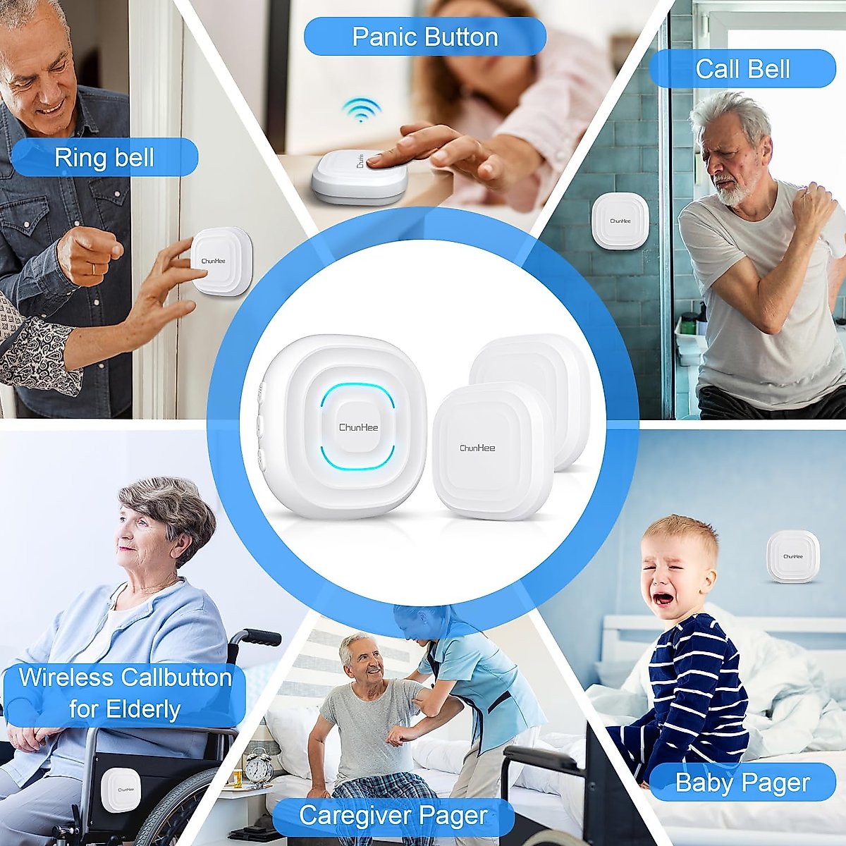 ChunHee Smart Wireless Caregiver Pager Self-Powered Call Button Medical Alert System Call Bell 500+ Feet for Home/Elderly/Patient/Disabled 2 Call Buttons/Transmitters 1 Receiver