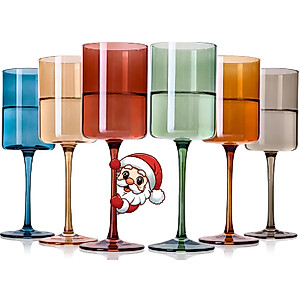 Colored Wine Glasses Set 6-14oz Multi Colored Square Wine Glasses with Tall Long Stems, Hand Blown Crystal Colorful Wine Glasses, Unique Wine Glasses for Christmas Thanksgiving