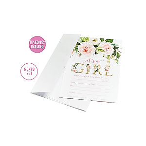 All Ewired Up 25 Pink It's A Girl Baby Shower Invitations with Envelopes (Large Size 5x7) Boxed Set, Double-Sided, Boho Floral Greenery, Sprinkle, Blush Boho
